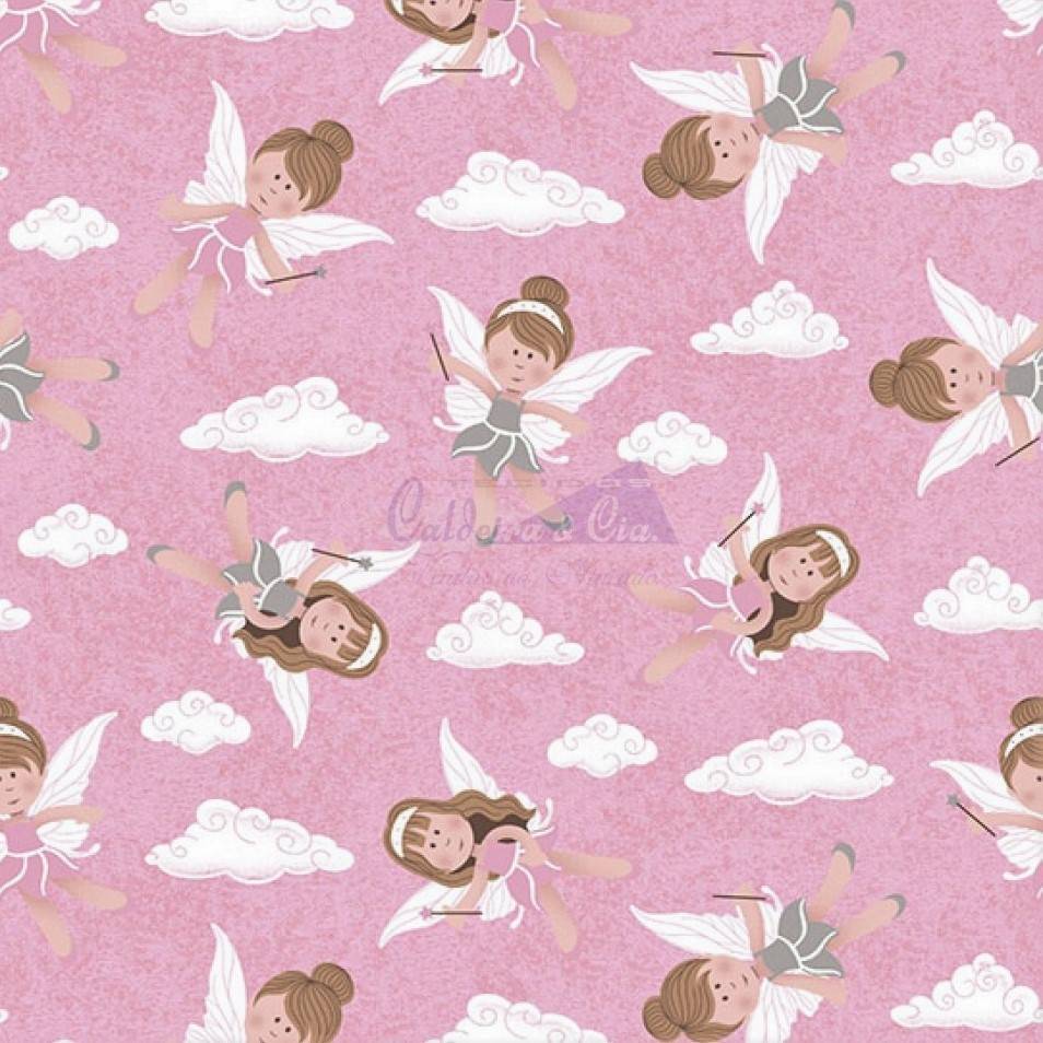 Tecido Tricoline Estampado Fadas Fundo Rosa - Ref. 180668 co ...