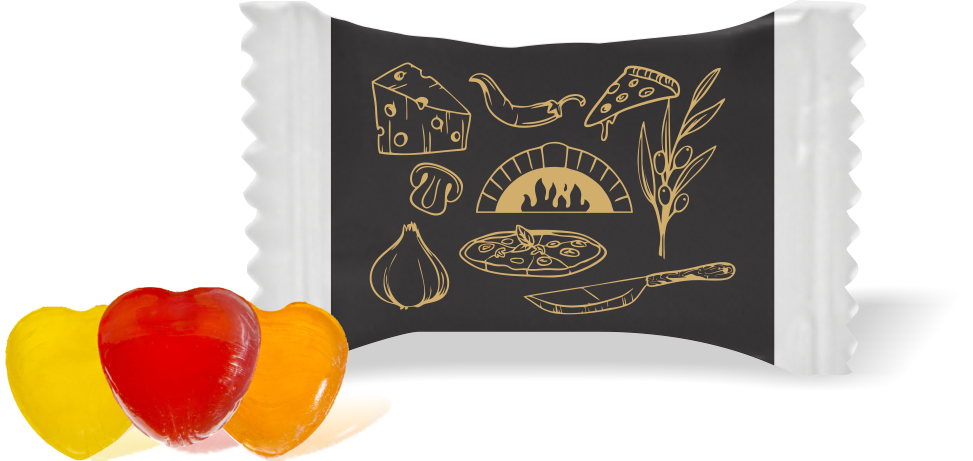 Balas de Brinde Modelo Ingredientes Pizza Fundo Preto Duras com Sabor ...